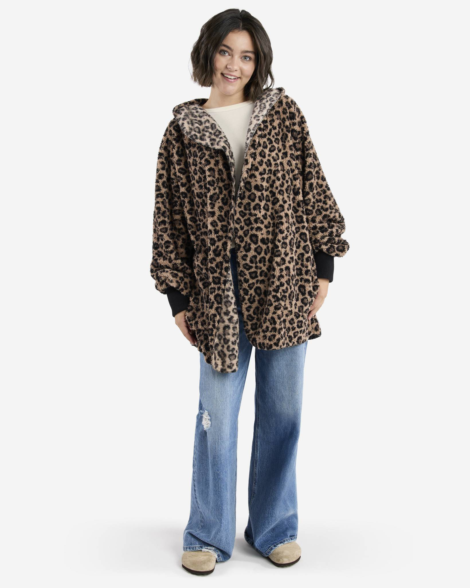 Fluffy Hooded Sherpa Cardigan in Leopard Print | Uncharted Threads ...