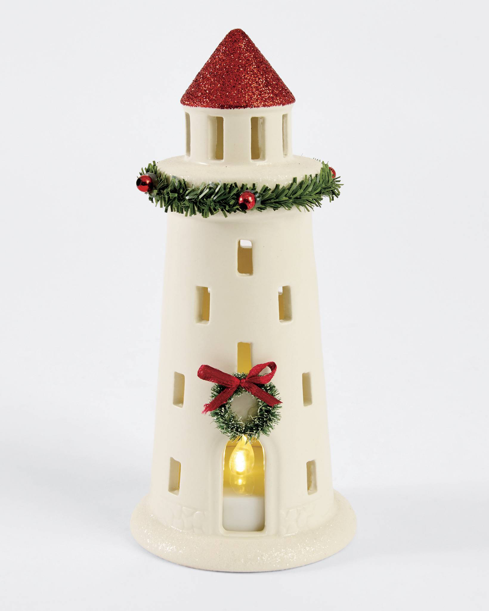 Snowflake Lane Collection LED Holiday Lighthouse with Wreath | Merry ...