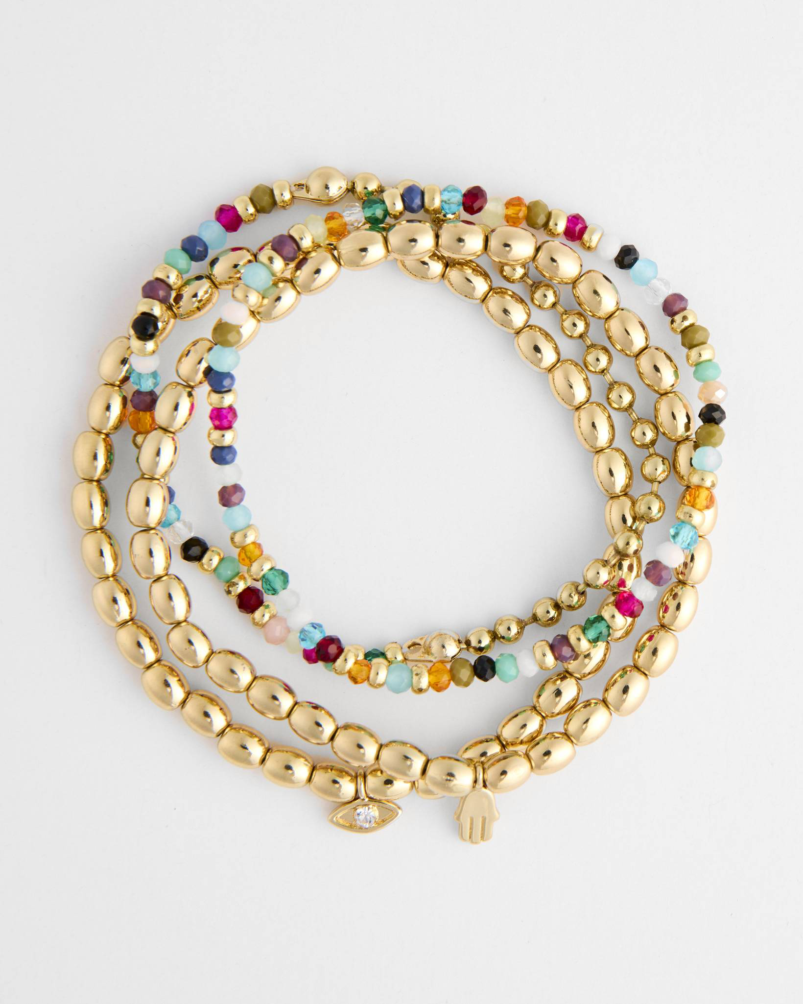 Four Strand Beaded Evil Eye Stretch Bracelet in Gold | Uncharted ...