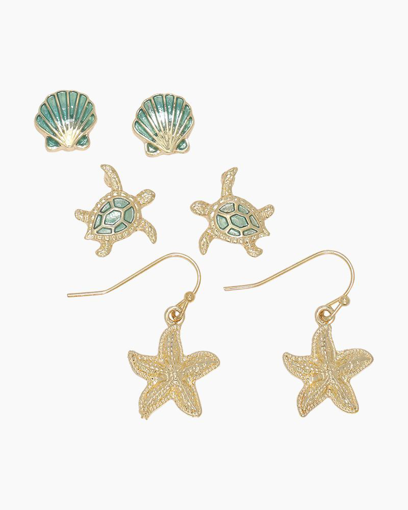 Turtle, Shells, and Starfish Earring Set in Gold | Periwinkle by Barlow ...
