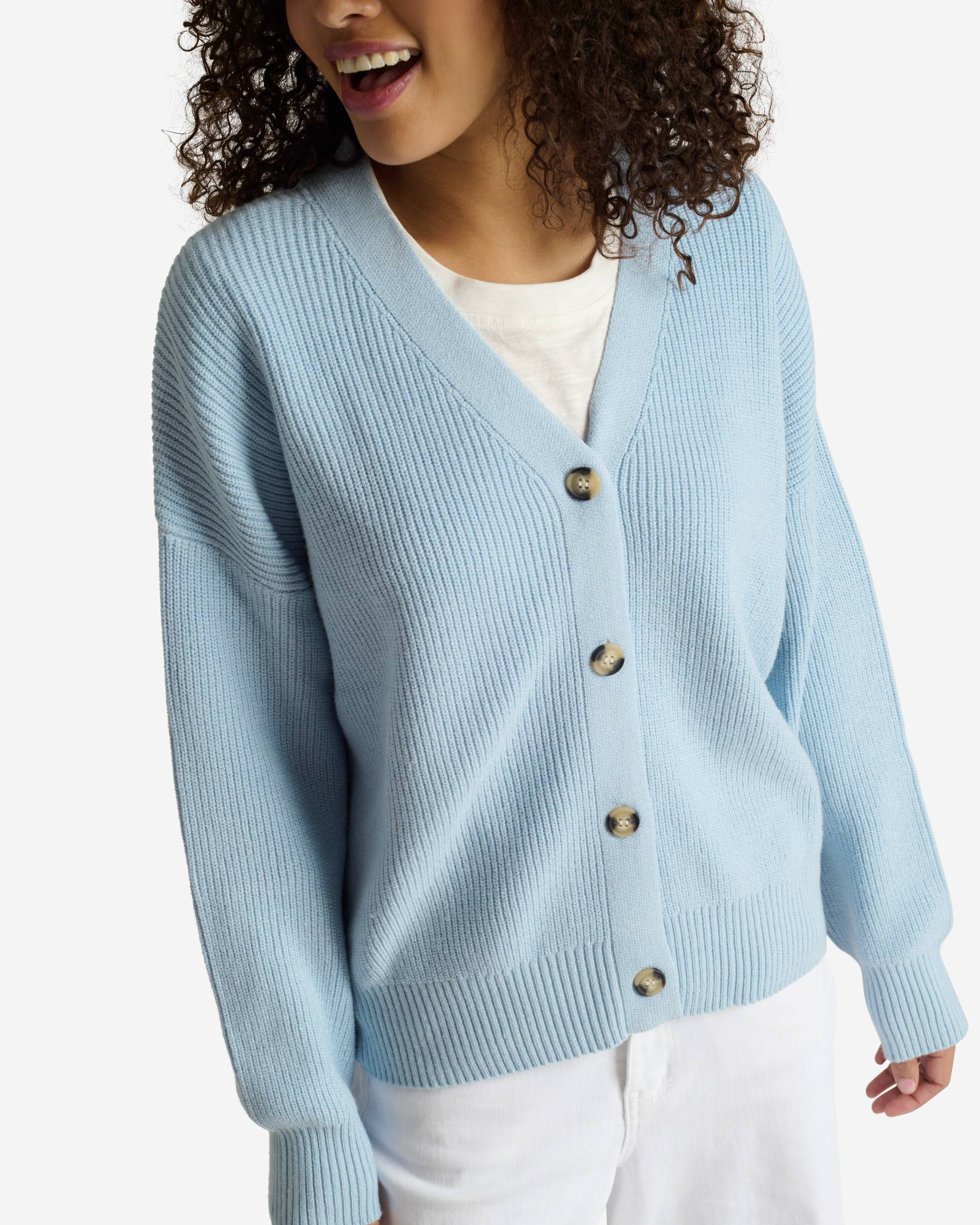 Vertical Knit V-Neck Cardigan in Skyway | mia & tess | The Paper Store