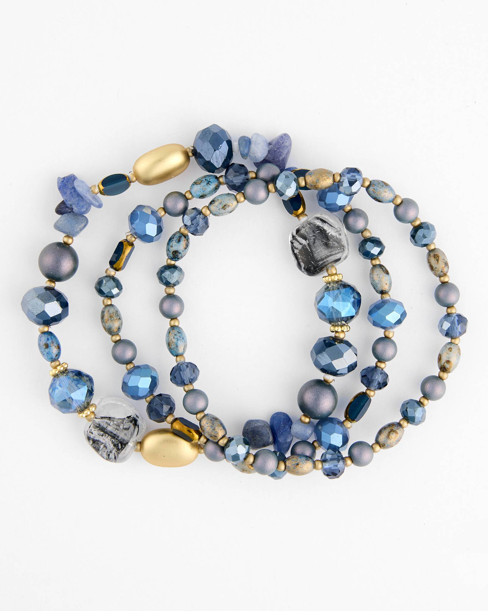 Blue Multi Bead Triple Strand Stretch Bracelet in Gold | mia & tess ...