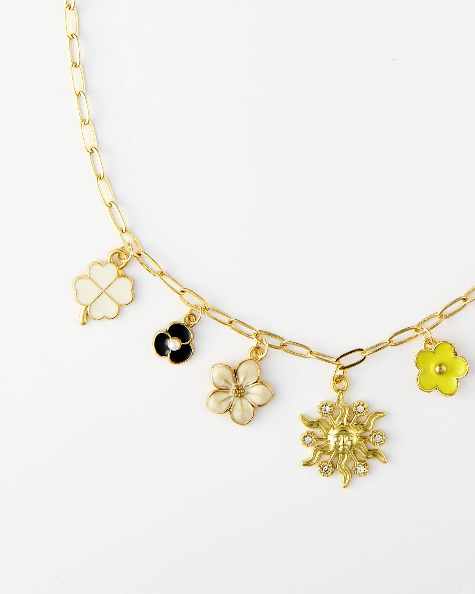 Flowers and Clover Multi Charm Chain Necklace in Gold | Oz Jewerly ...