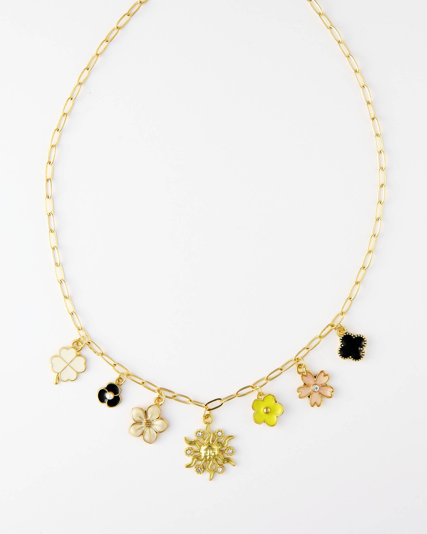 Flowers and Clover Multi Charm Chain Necklace in Gold | Oz Jewerly ...