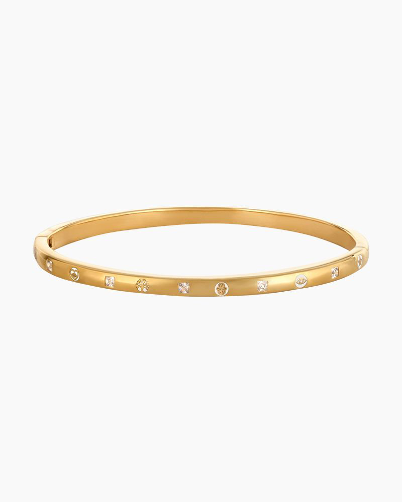 Unwavering Grace Multi Symbol Cuff Bracelet in Gold | Karma and Luck ...