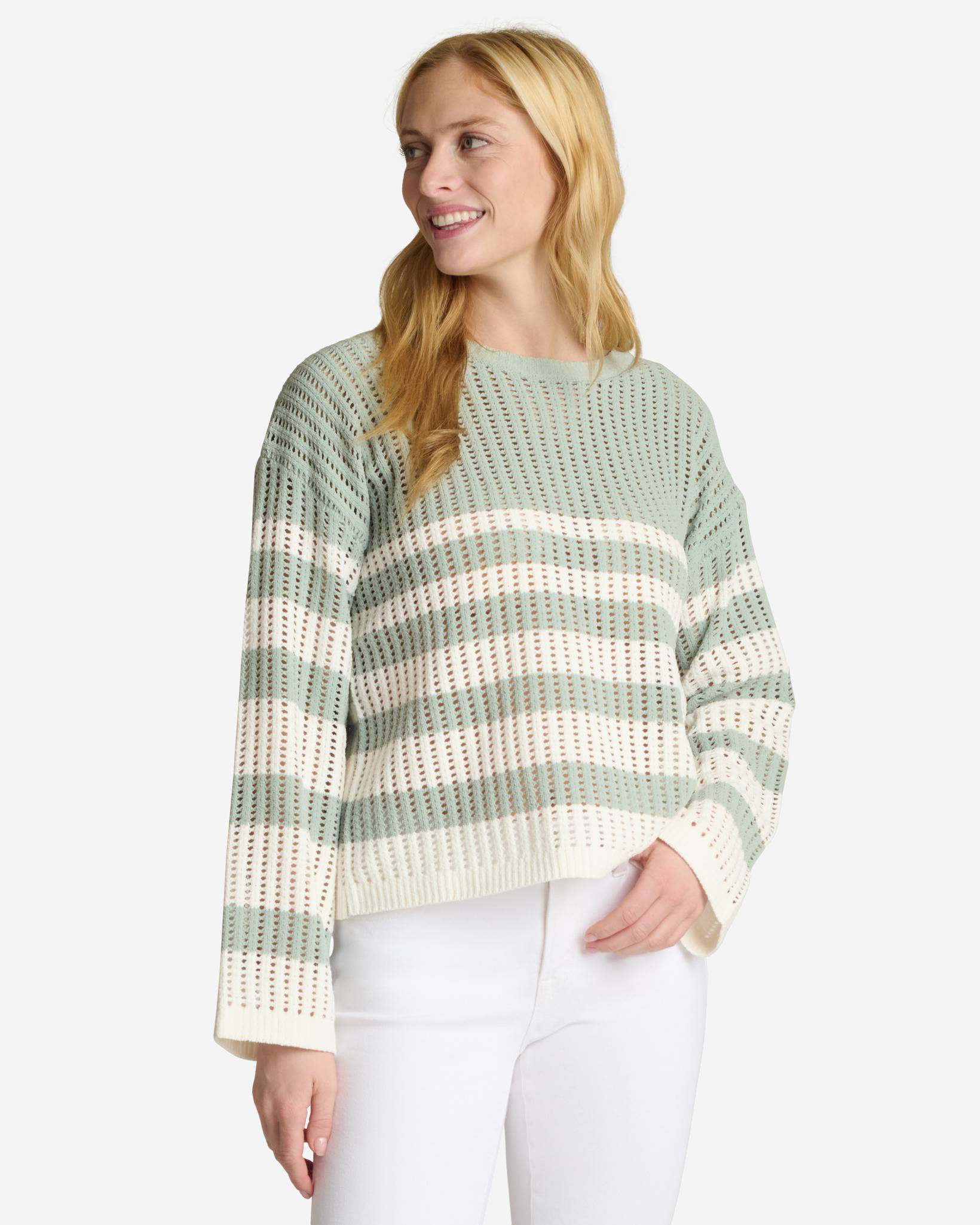 Large Stripe Open Weave Sweater in Ivory and Iceberg Green | mia & tess ...