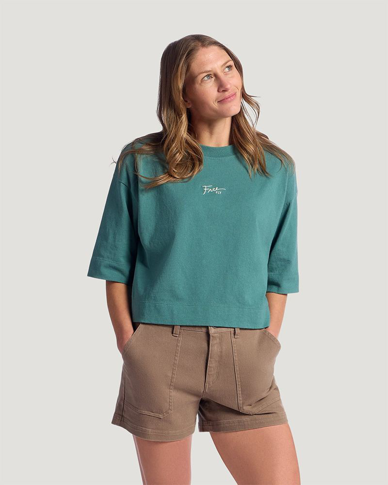 Women's Script Tee in Sea Pine | Free Fly | The Paper Store