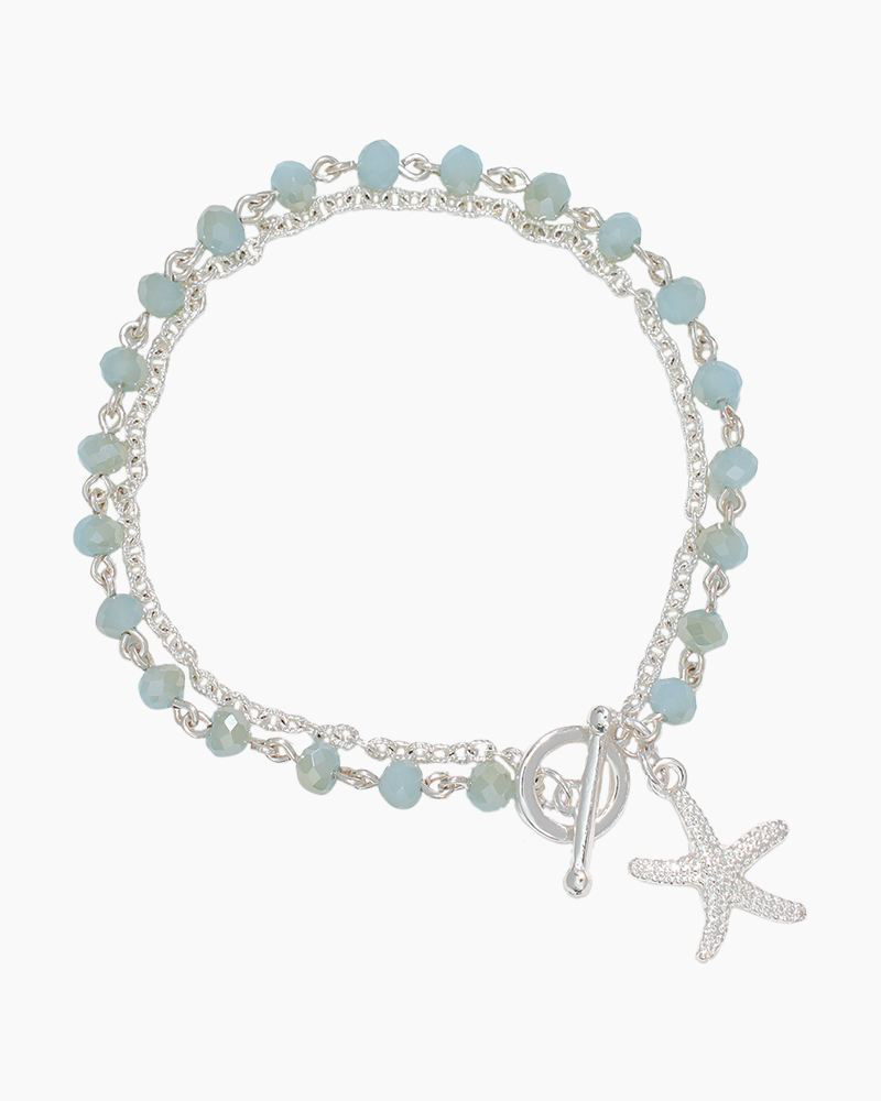 Shell and Pastel Blue Beads Toggle Bracelet in Silver | Periwinkle by ...