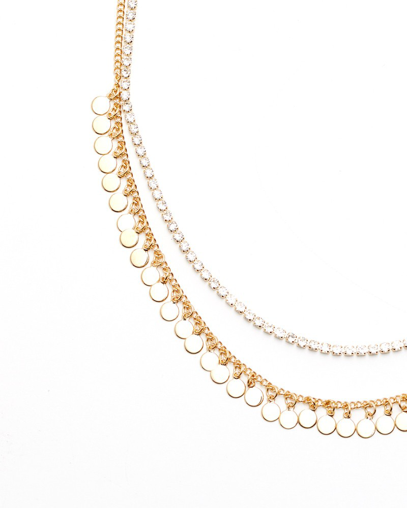 Two-Strand Disc and Rhinestone Chain Necklace in Gold | mia & tess ...